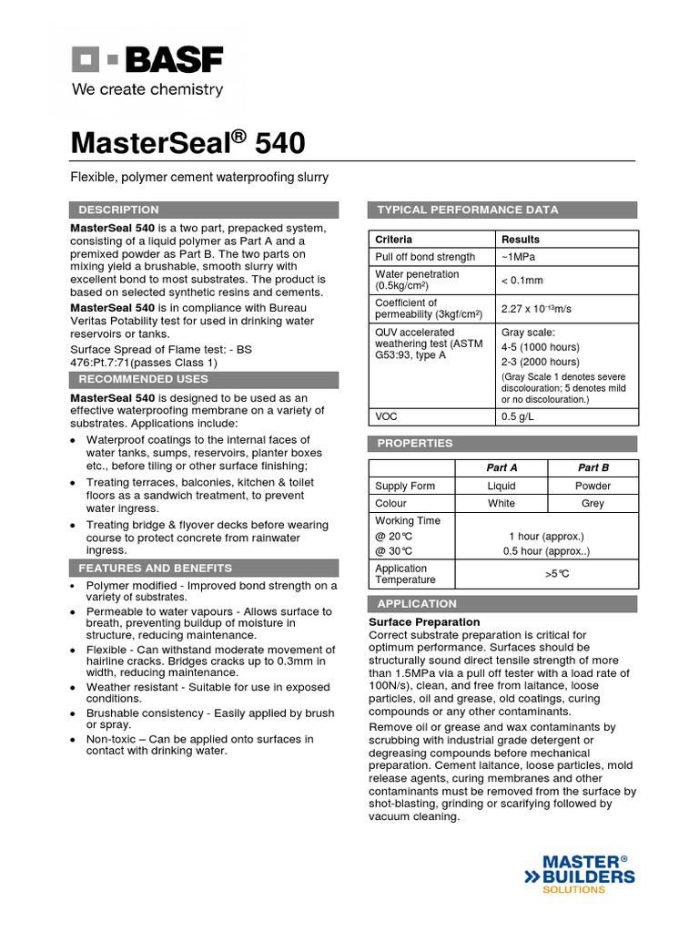 TDS MasterSeal-540 | PDF | Concrete | Polymers