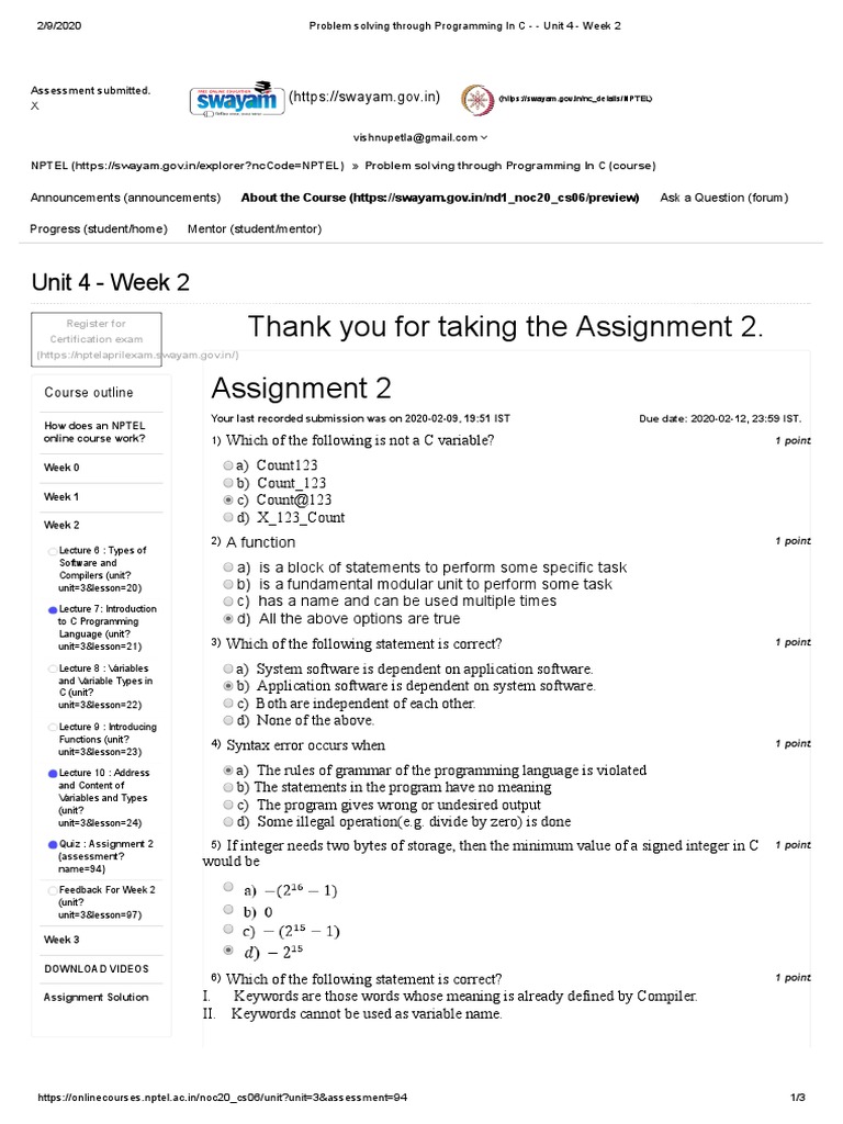 Nptel C Programming Week 2 Assessment Pdf Reserved Word Computer