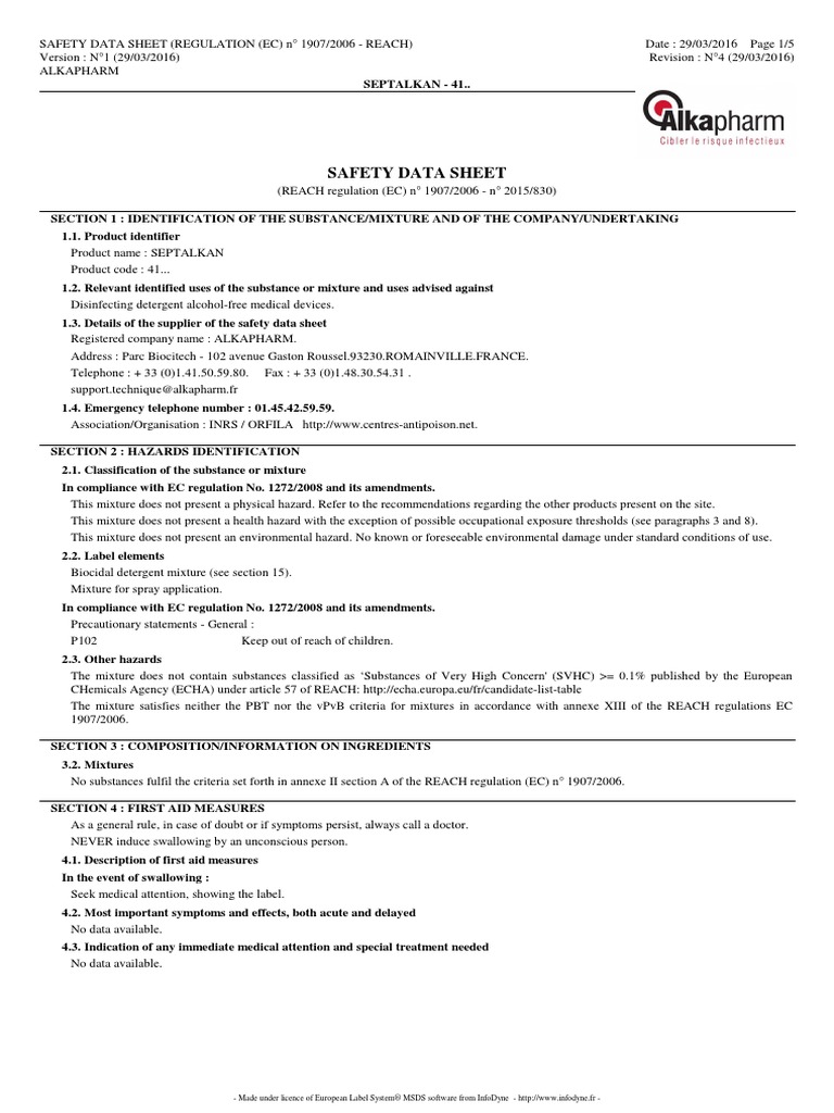 FDS Septalkan en 2016 03 | PDF | Dangerous Goods | Occupational Safety ...