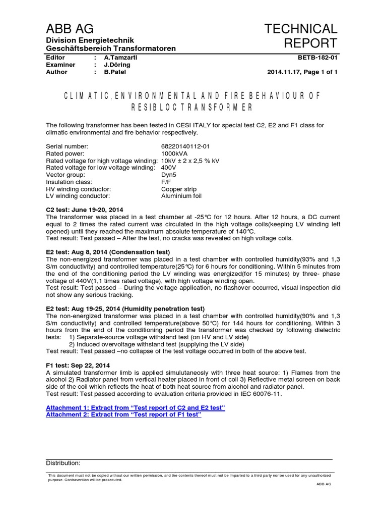 C2-E2-F1 Test Report - Betb182-01 | PDF | High Voltage | Transformer