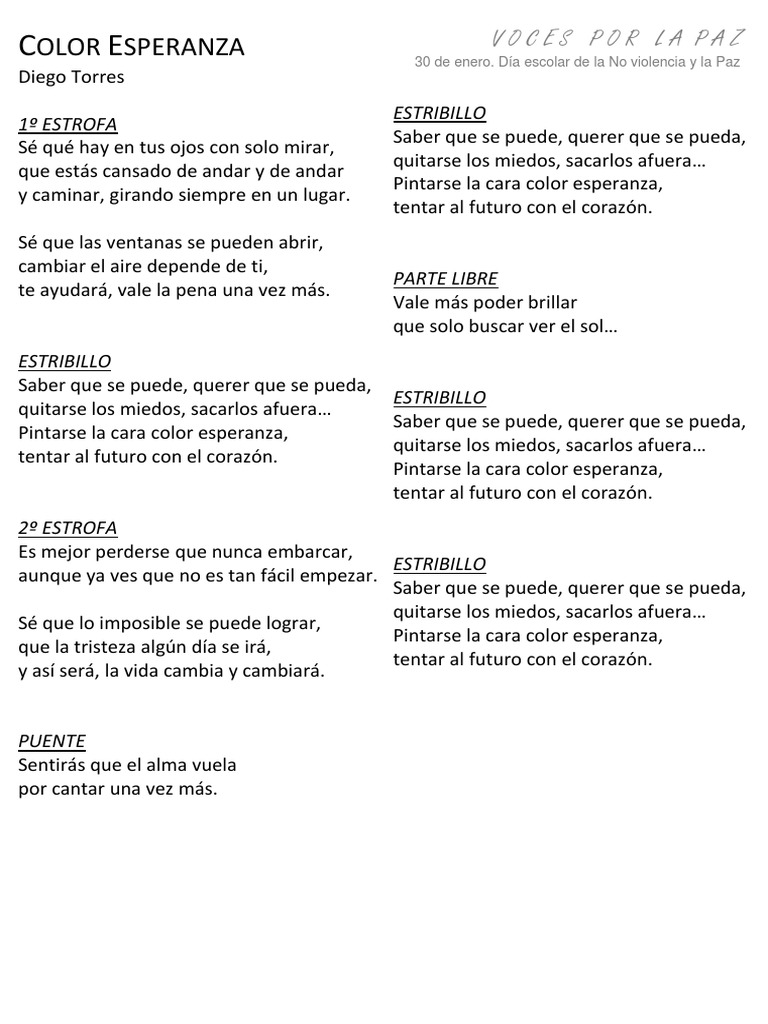Letra de "Color Esperanza" de Diego Torres | PDF