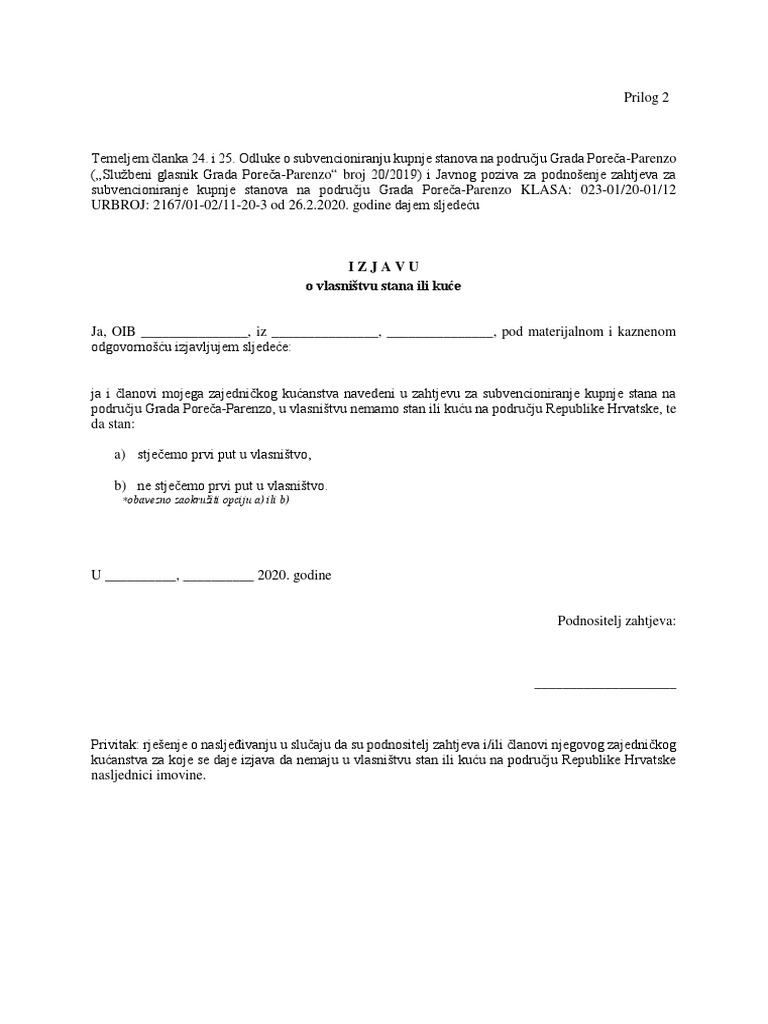 Prilog 2 - Izjava o Vlasništvu Stana Ili Kuće Za Osobe Koje Nemaju U ...