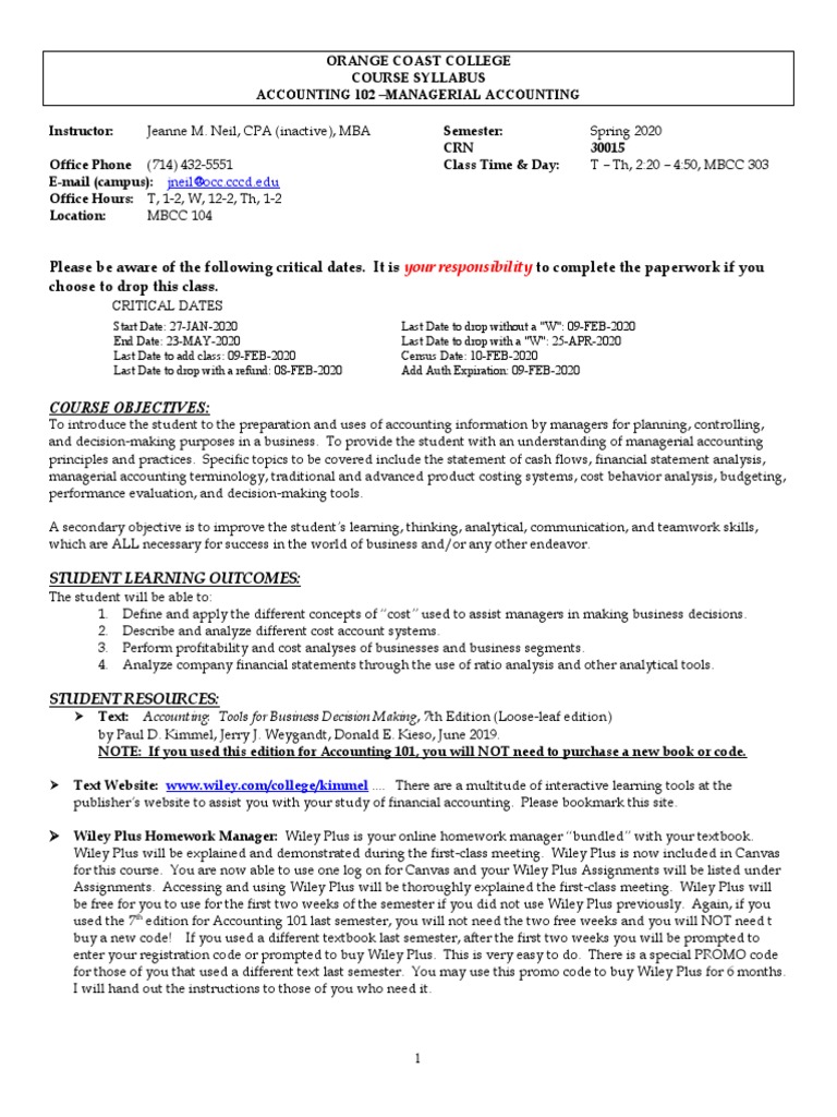 Managerial Accounting Syllabus 2020 | PDF | Textbook | Management ...