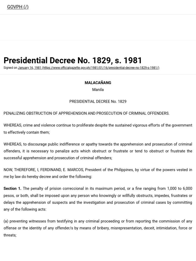 Presidential Decree No. 1829, S. 1981 - Official Gazette of The ...