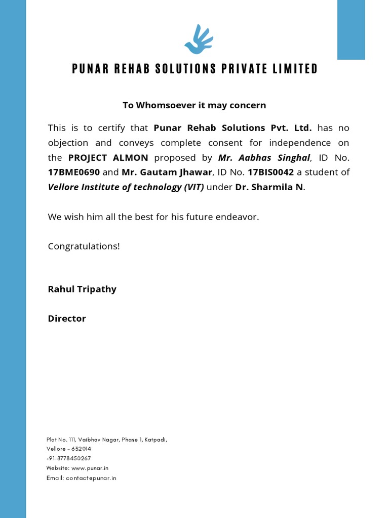 NOC - Non Objection Certificate Template For Interns at A Startup in A ...