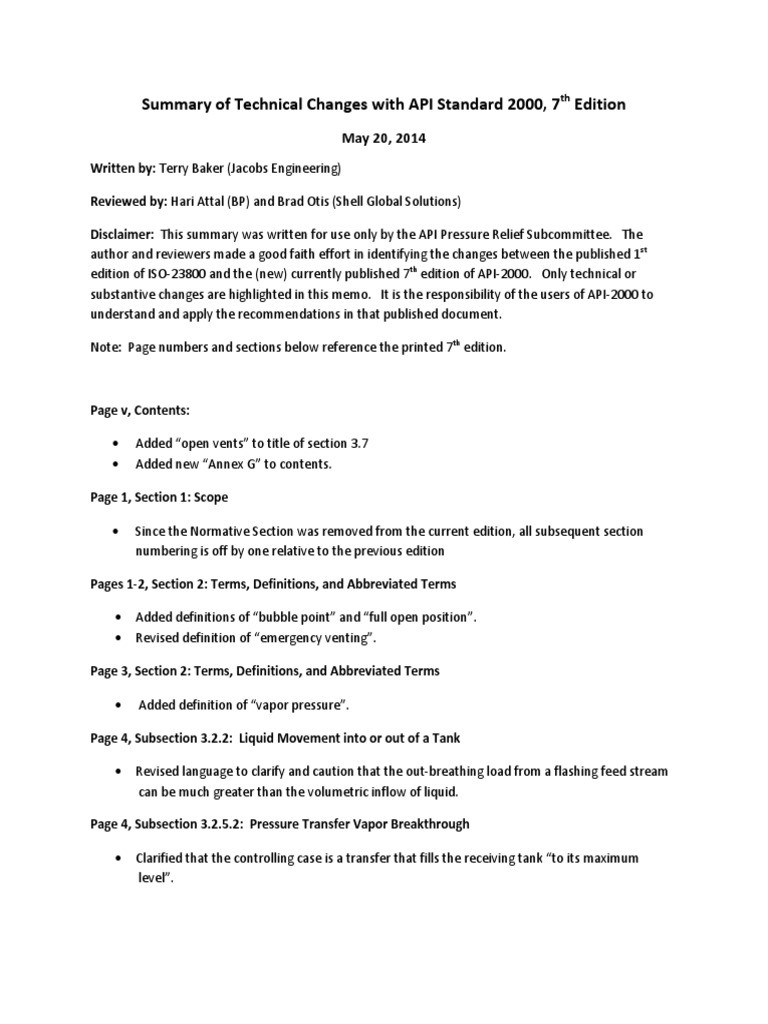 API 2000 7th Summary of Changes From 6th | PDF | Vacuum | Valve