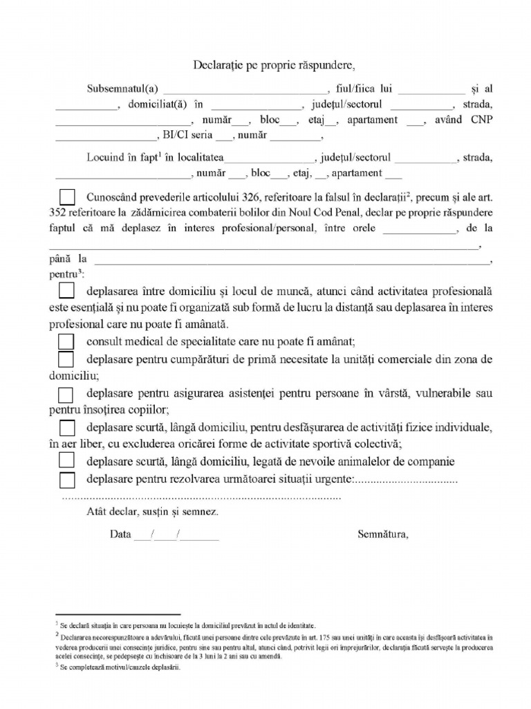 MODEL Declaratie Pe Proprie Raspundere Editabil | PDF