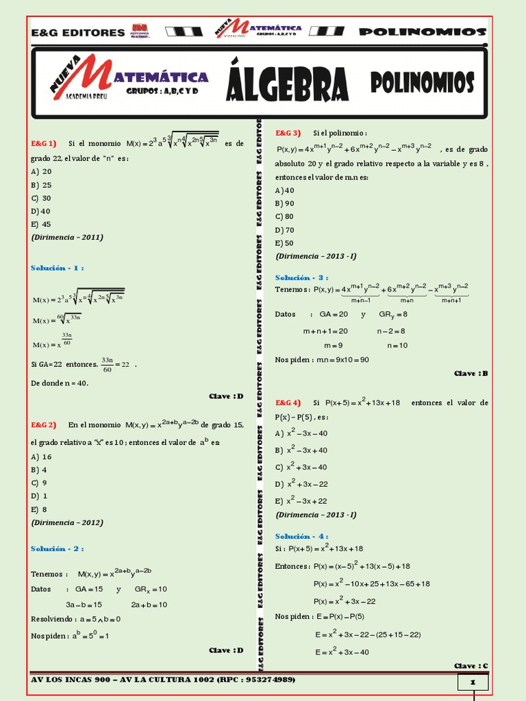 Polinomios de grado absoluto y relativo | PDF | Álgebra abstracta | Matemáticas Aplicadas