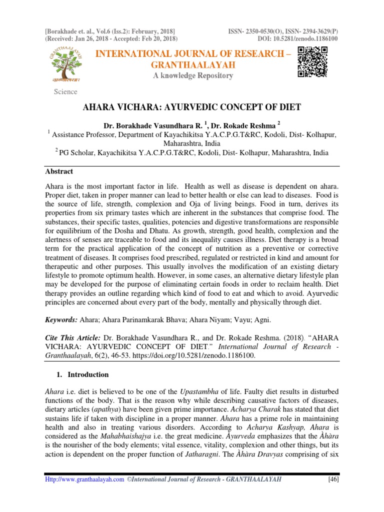 Ahara Vichara Ayurvedic Concept of Diet | PDF | Ayurveda | Foods
