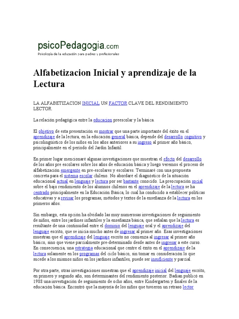 Alfabetizacion Inicial y Aprendizaje de La Lectura | PDF | Educación de ...