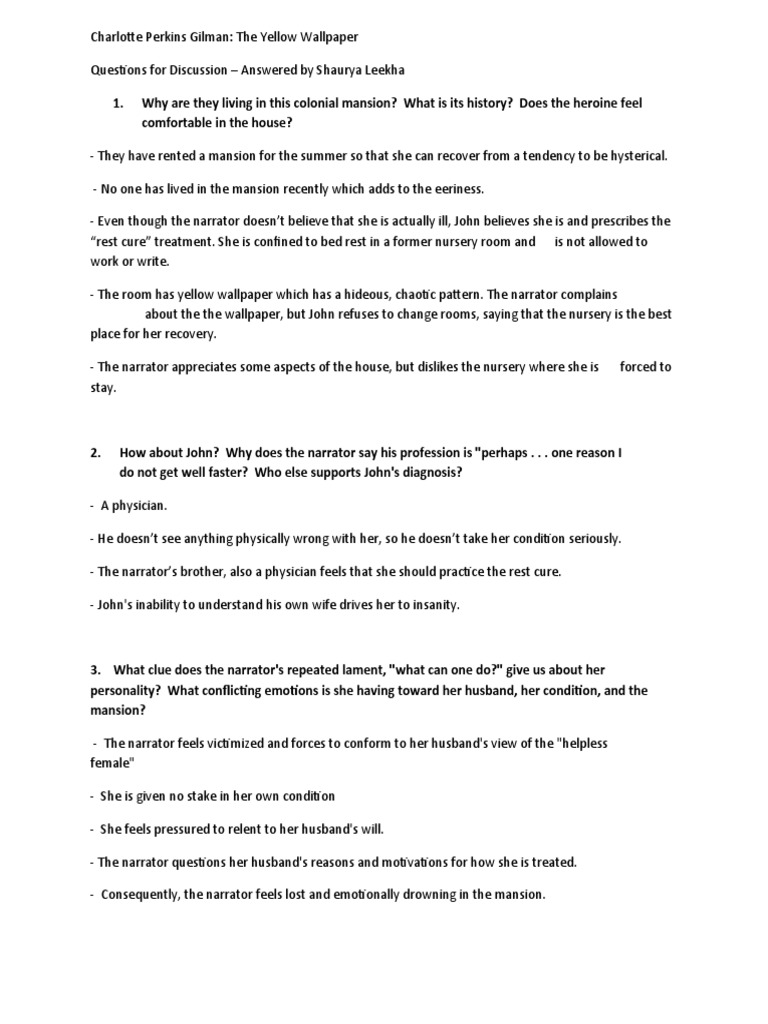 Discussion Questions for The Yellow Wallpaper | PDF | The Yellow Wallpaper
