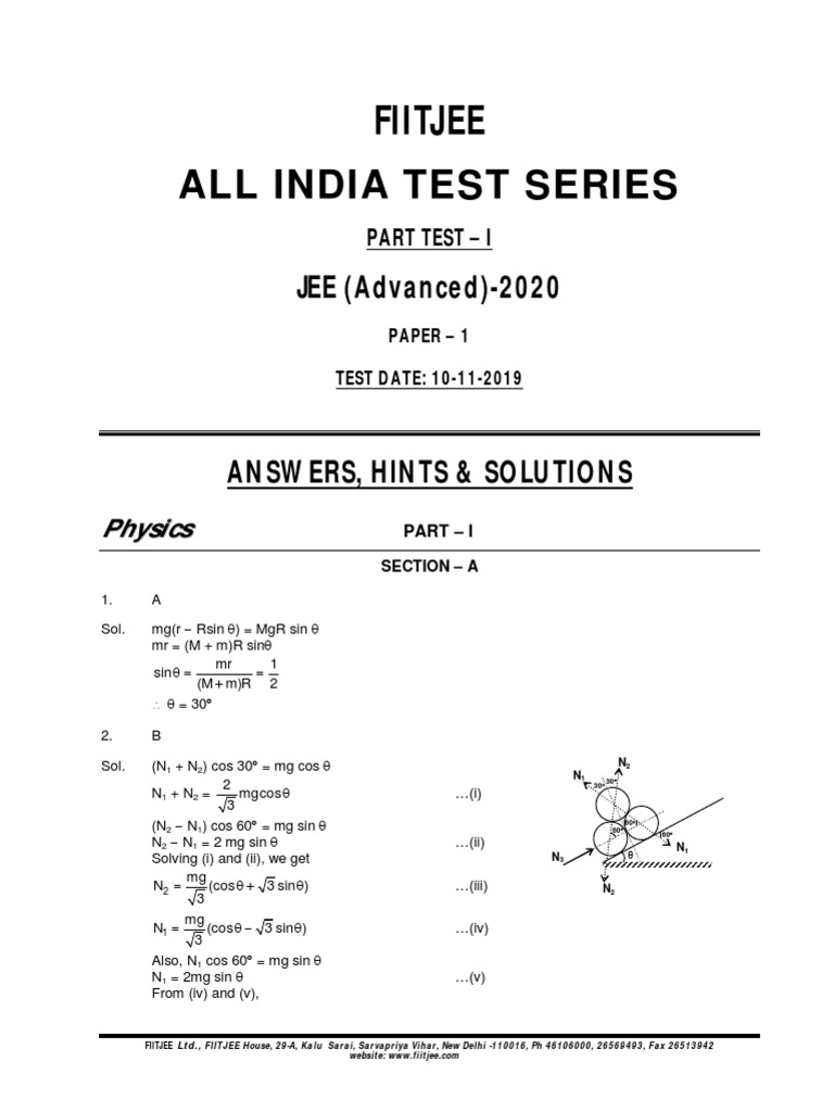 AITS JEE Advanced 2020 Paper 1 Solutions | PDF | Physics | Applied And ...