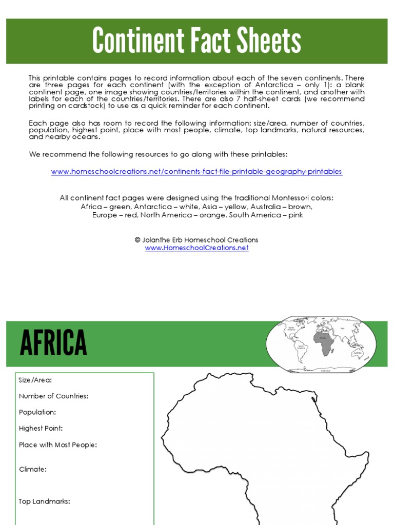 Printable Continent Fact Sheets | PDF | Continent | Media Technology