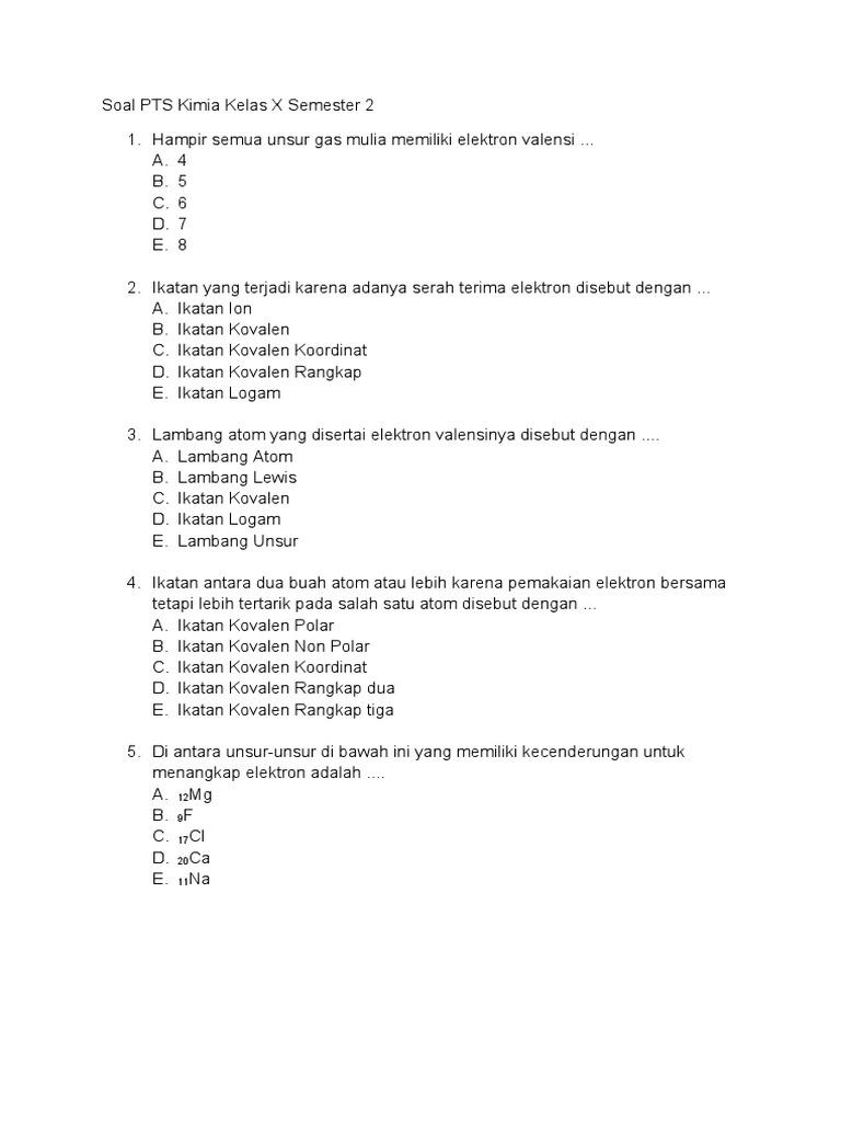 Soal PTS KIMIA Kelas X Semester 2 TP 1920 | PDF