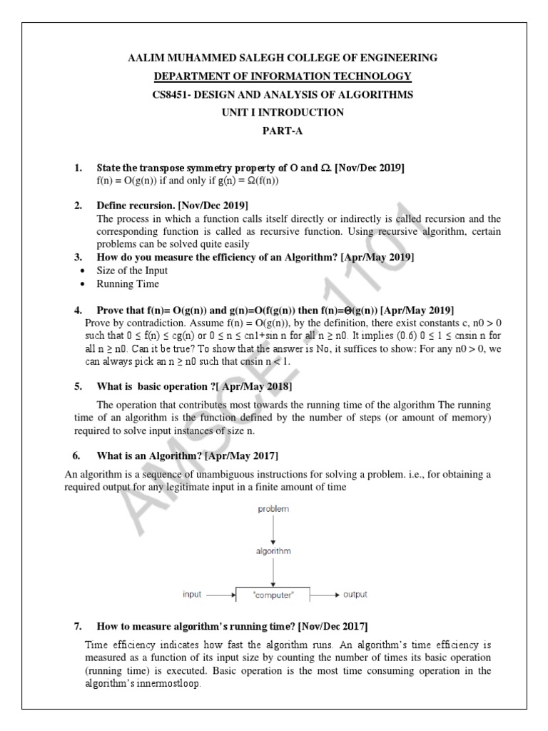 CS8451 DESIGN AND ANALYSIS OF ALGORITHMS QUESTION BANK - Watermark PDF | PDF | Dynamic ...