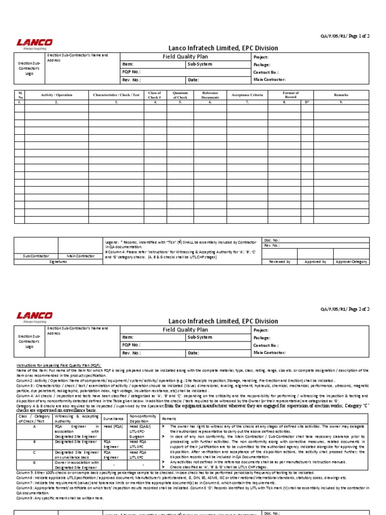 23 QA-F-05 Field Quality Plan (FQP) R1 Final | Download Free PDF ...