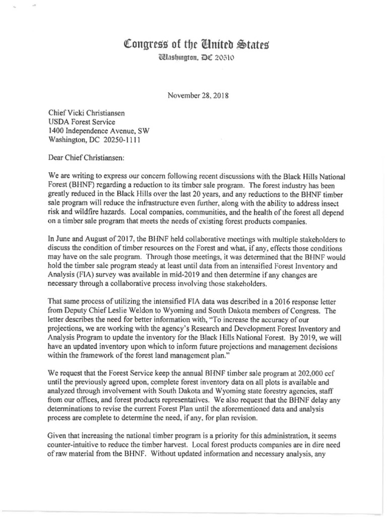 Congressional Letter On Black Hills National Forest | PDF