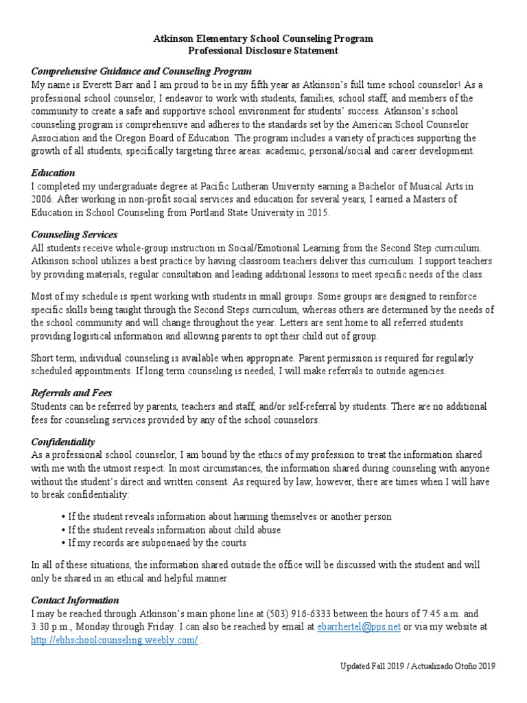 Professional Disclosure Statement 2019-2020 | PDF | School Counselor ...