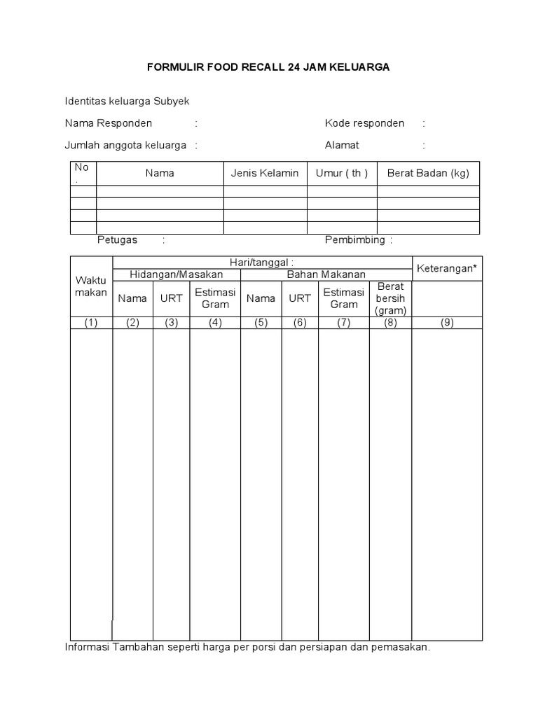 Formulir Food Recall 24 Jam Keluarga | PDF