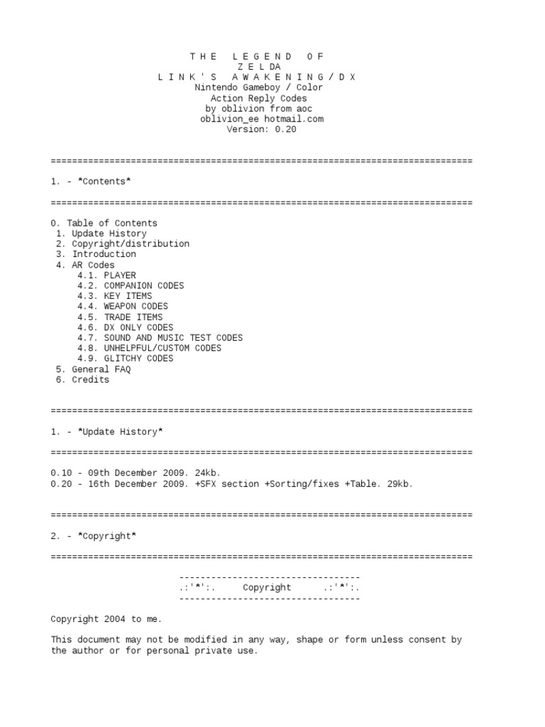 The Legend of Zelda Link's Awakening - Pro Action Replay Codes - Game ...
