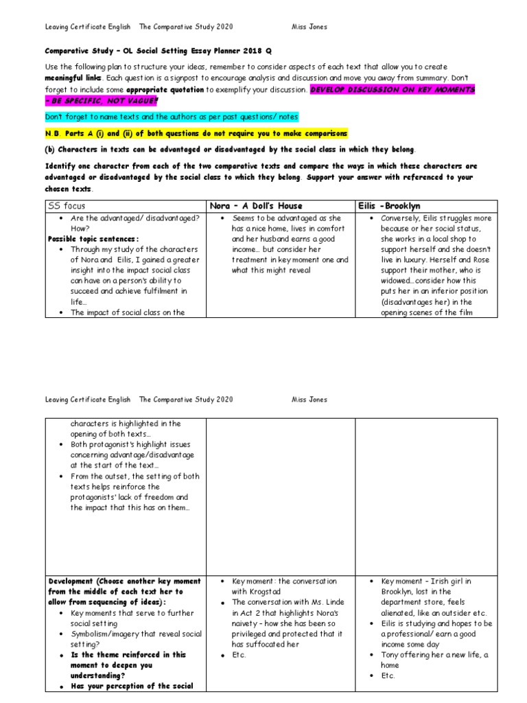 Ol Comparative Essay Planning Template 2018 Social Setting 1 | PDF ...