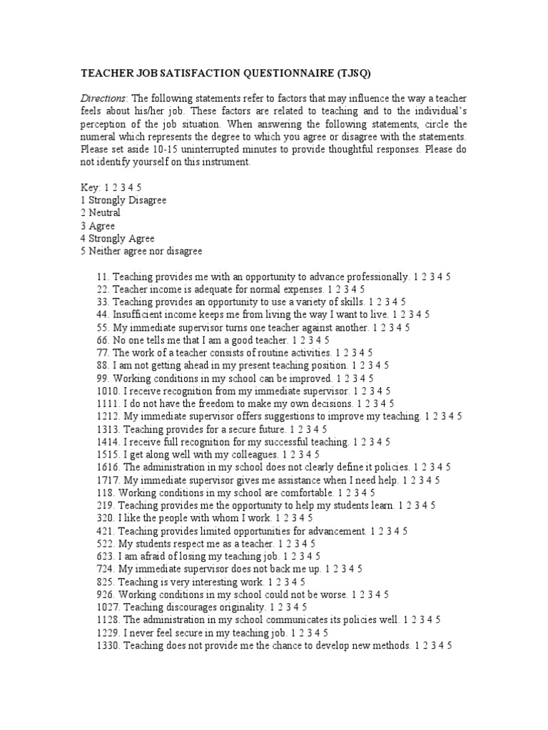 Teacher Job Satisfaction Questionnaire | PDF | Job Satisfaction | Teachers