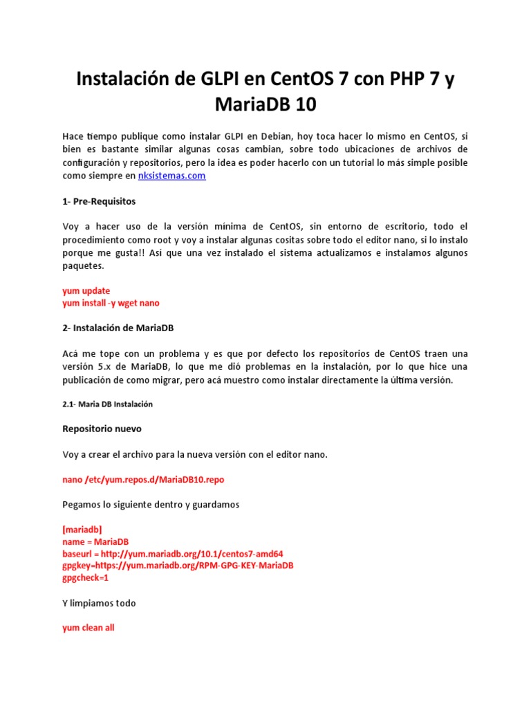 Instalación de GLPI en CentOS 7 Con PHP 7 y MariaDB 10 | PDF | Linux | Contenido libre