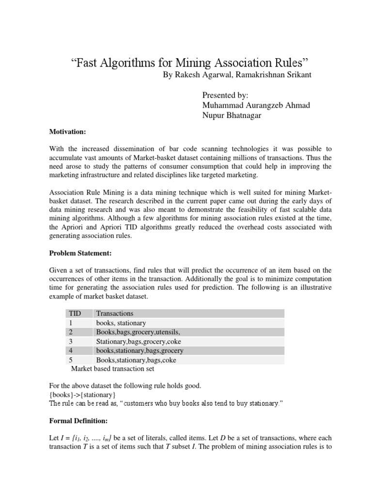 "Fast Algorithms For Mining Association Rules" by Rakesh Agarwal Ramakrishnan Srikant | PDF ...