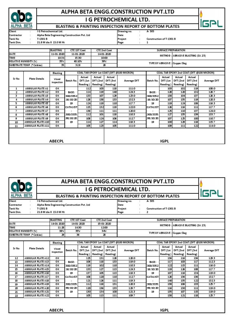 Blasting & Painting Inspection Report Format For Bottom Plate 01 | PDF ...