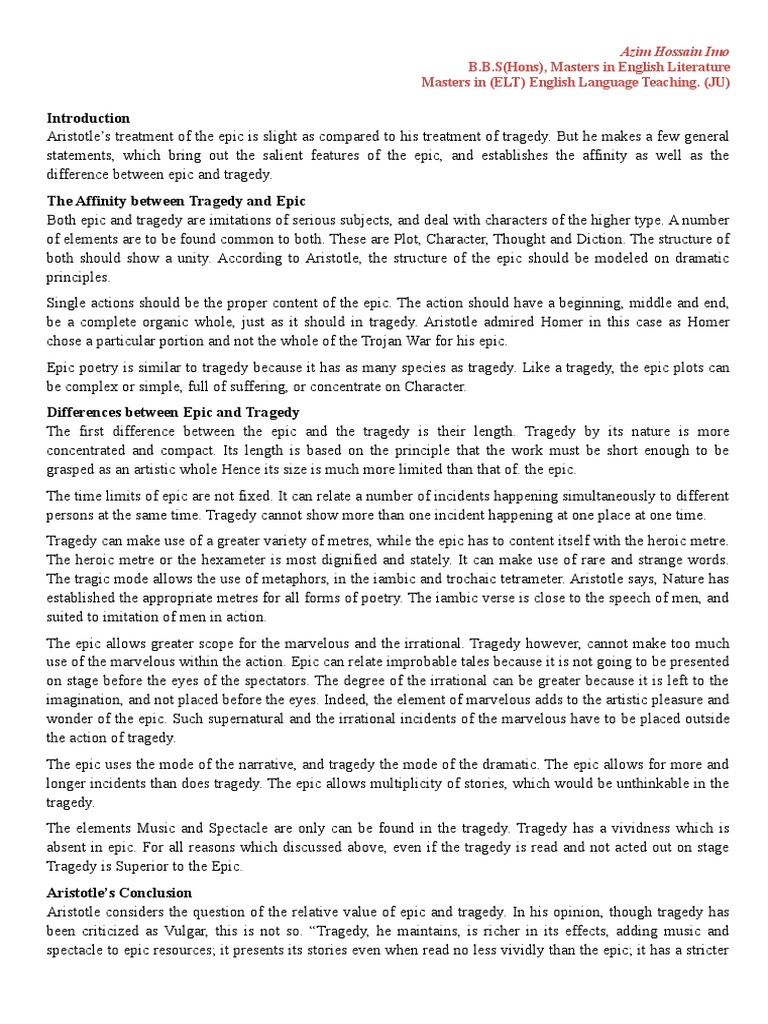 Differnnce Between The Epic and The Tragedy in Aristotle Small | PDF ...