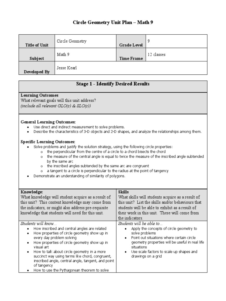 Circle Geometry Unit Plan for Grade 9 | PDF | Circle | Perpendicular