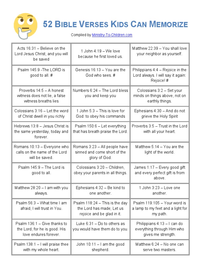52 Bible Verses for Kids to Memorize | PDF | Epistle To The Colossians ...