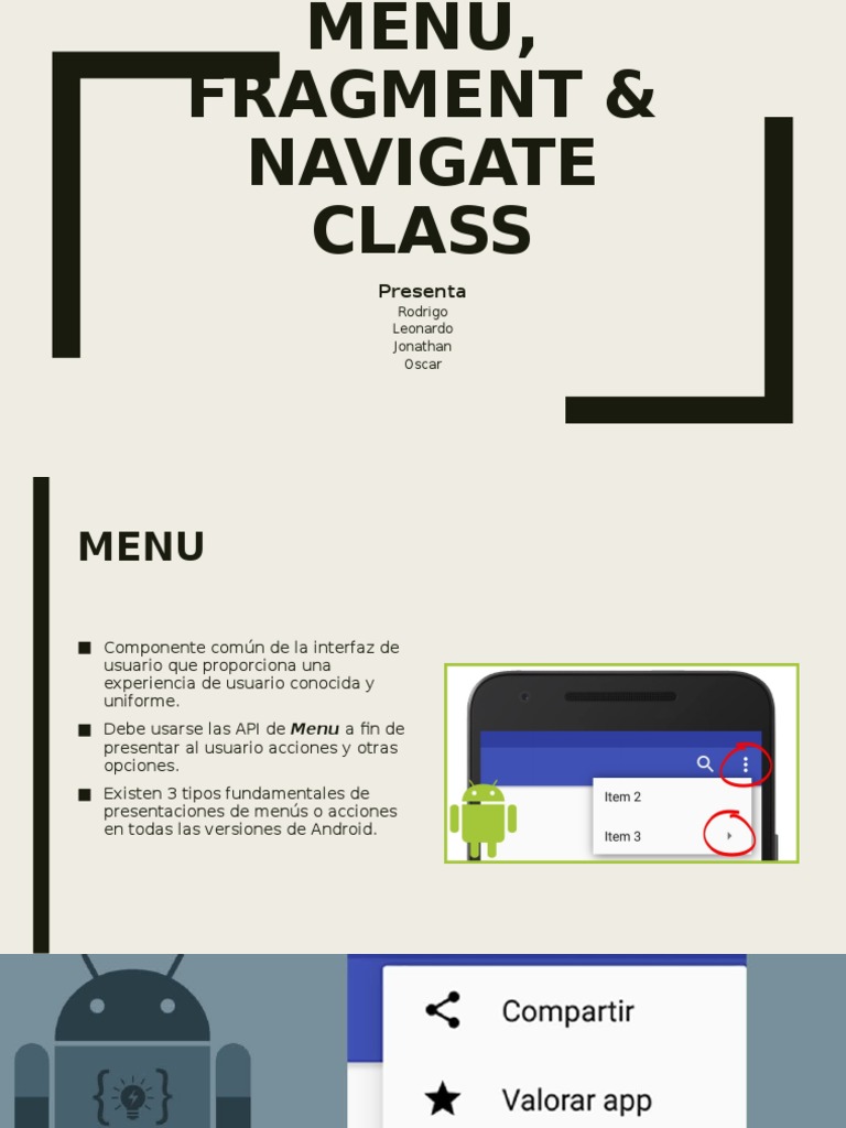 Menu, Fragment & Navigate Class | PDF | Aplicación movil | Android ...