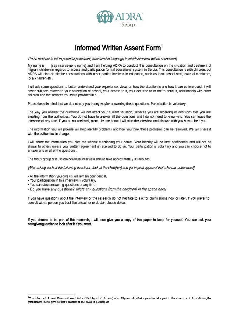 Assent Form | PDF | Interview | Cognitive Science