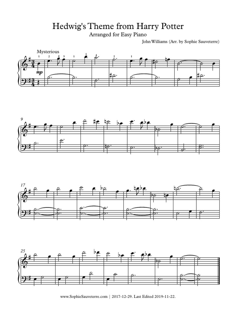 Hedwigs Theme From Harry Potter Arrangement For Easy Piano Full Score PDF | PDF