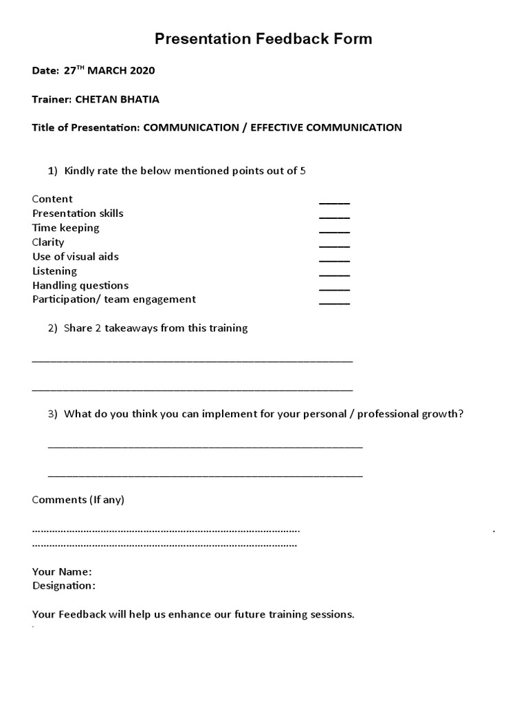 Communication - Training Feedback Form | PDF