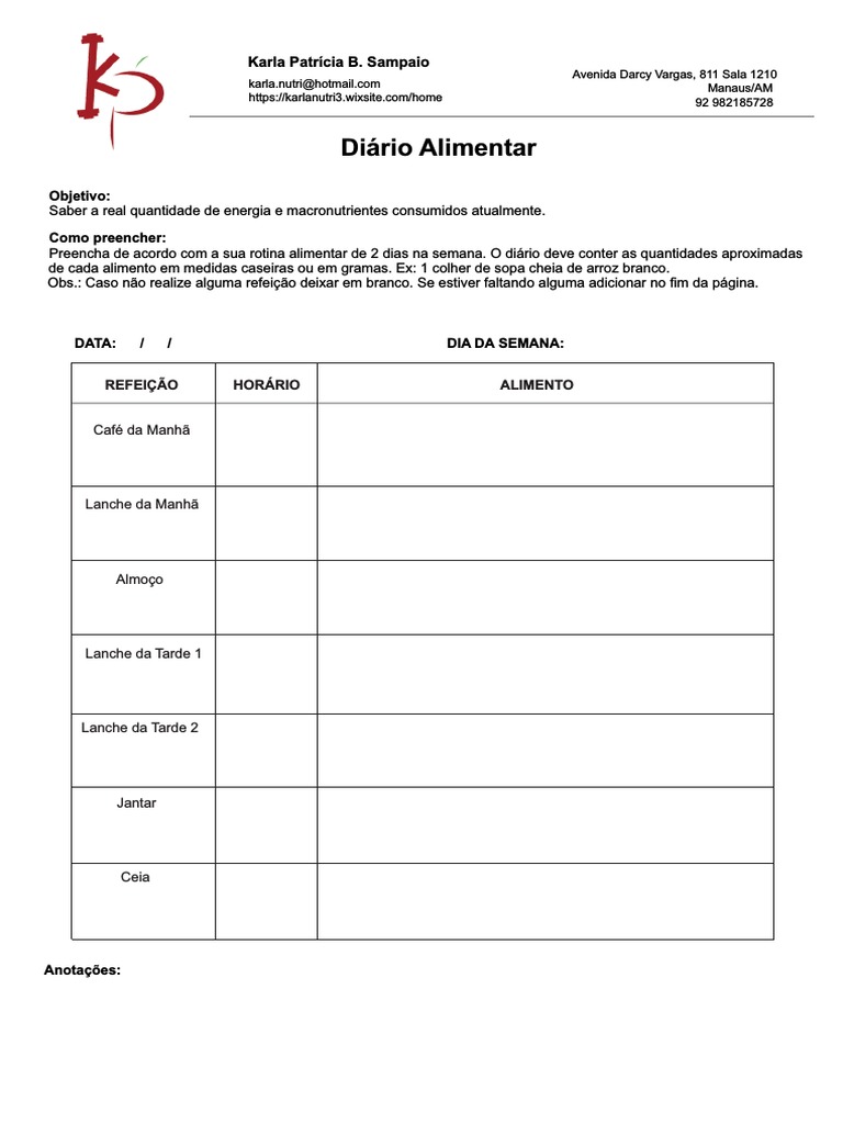 Diário Alimentar | PDF | Almoço | Refeição