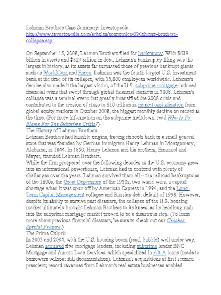 Lehman Brothers Case Summary | PDF | Lehman Brothers | Bear Stearns