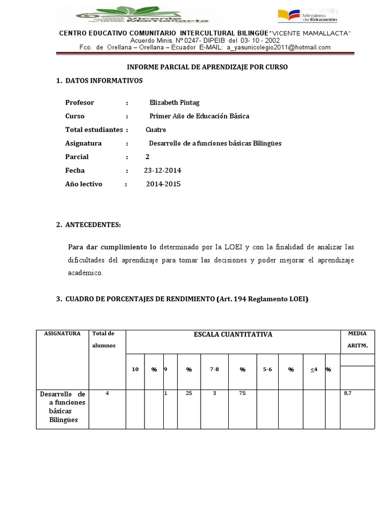 Formato Informes Parciales Por Materia | PDF | Educación primaria ...