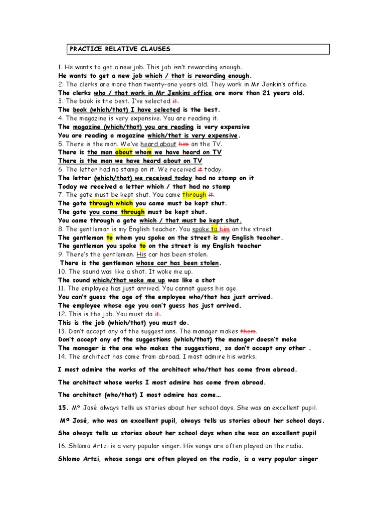 PRACTICE+RELATIVE+CLAUSES Answers | PDF