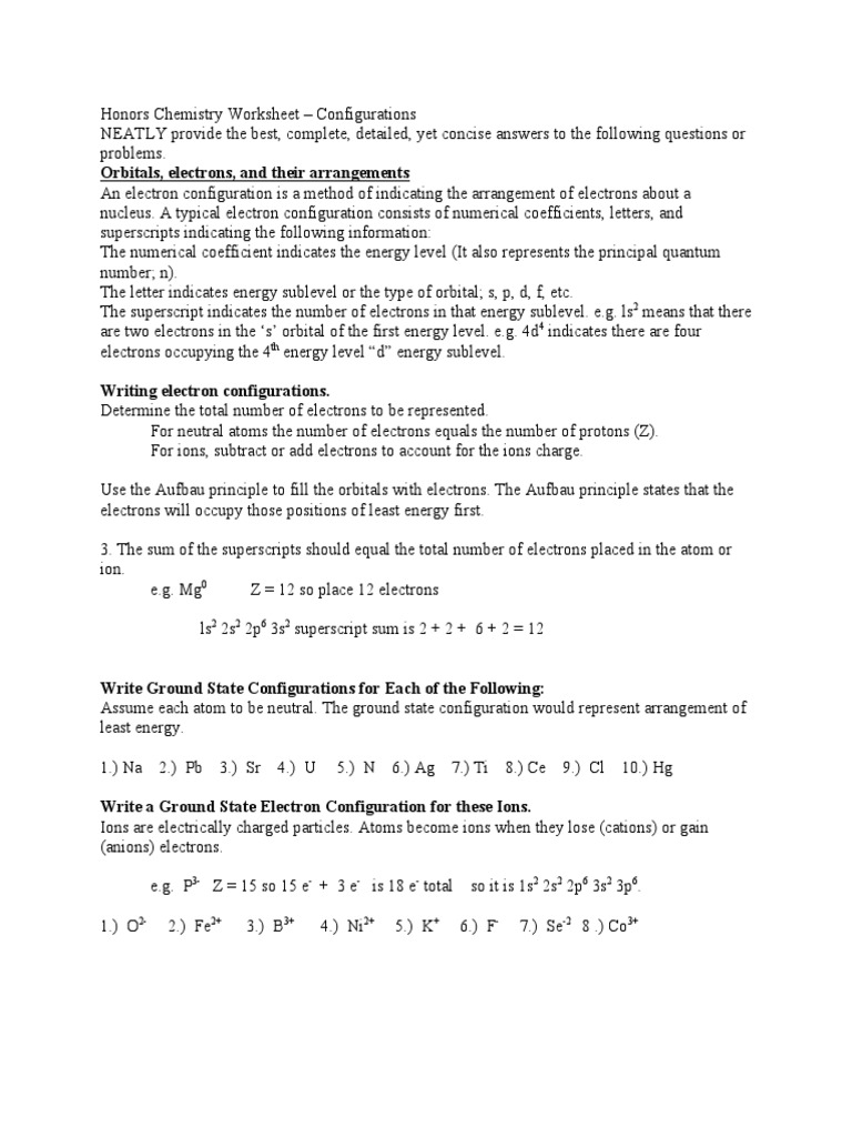 Honors Chemistry WKSHT Electron Configuration II | PDF | Electron ...