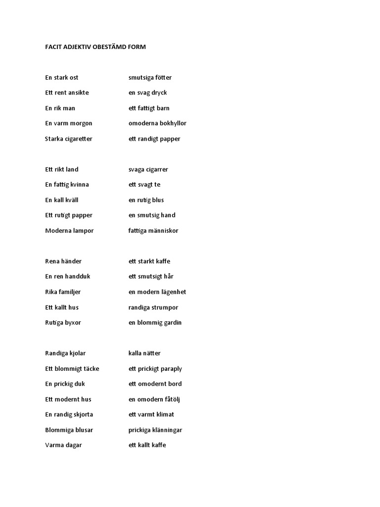 Facit Adjektiv Obestämd Form | PDF