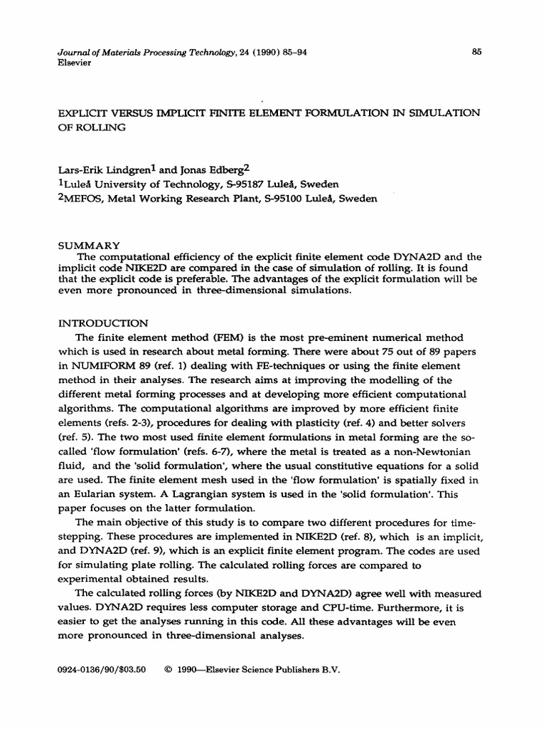 Explicit Versus Implicit Fem In Rolling 1990 Pdf Pdf Finite Element Method Yield