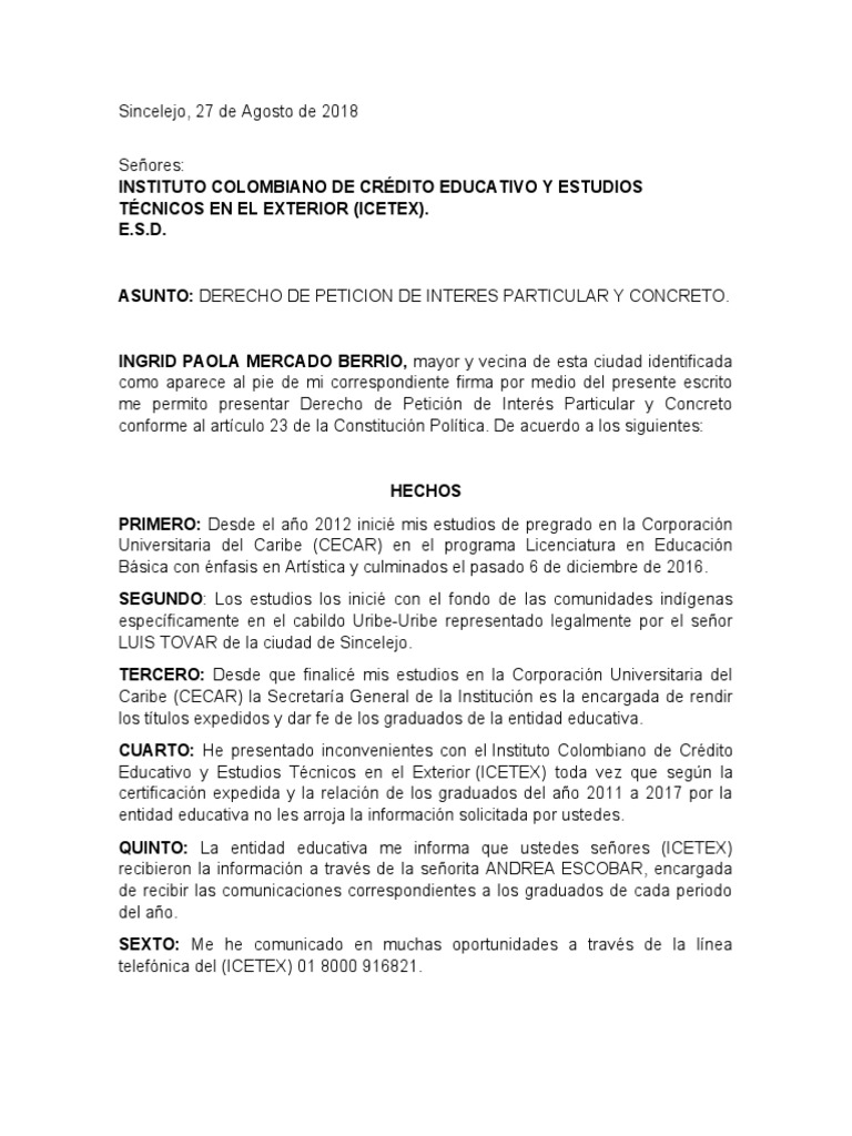 Derecho de Peticion Interes Particular y Concreto Agosto 2018. | PDF ...