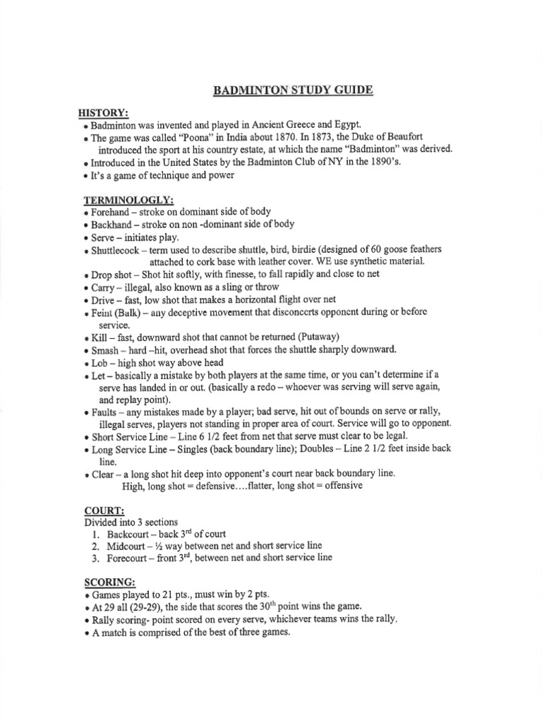 Badminton Study Guide | PDF