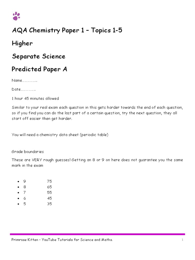 AQA Separate Science Chemistry Paper 1 Predicted Paper 2018 | PDF | Ph ...