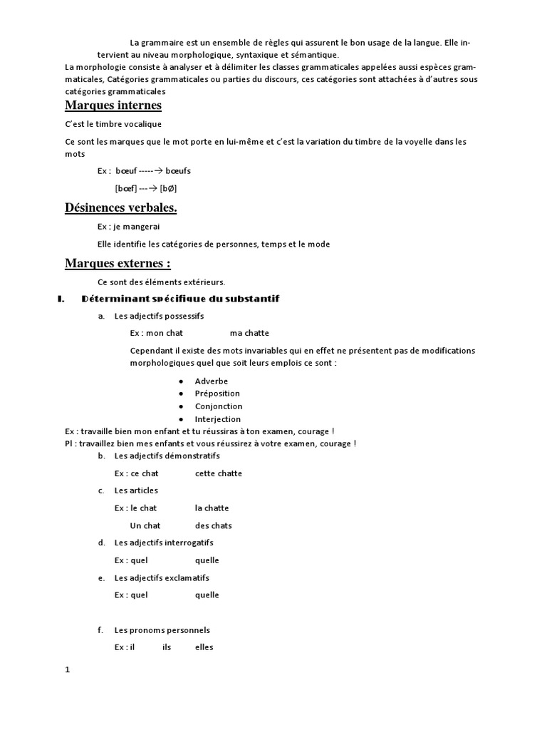 Grammaire S1 : Morphologie et Syntaxe | PDF | Nom (grammaire) | Genre ...