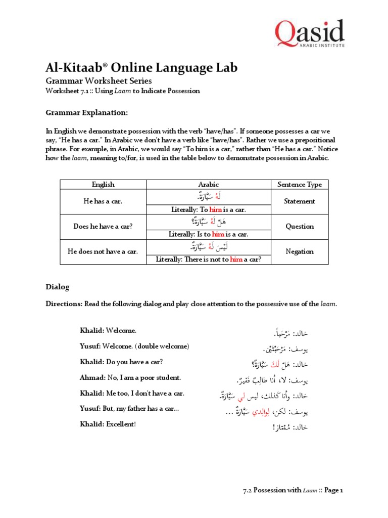 Worksheet 7.1 Possession With The Laam-1 | PDF | Philology | Language ...