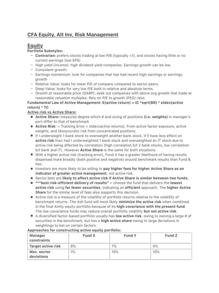 CFA Equity and Active Management Insights | PDF | Swap (Finance) | Fund ...