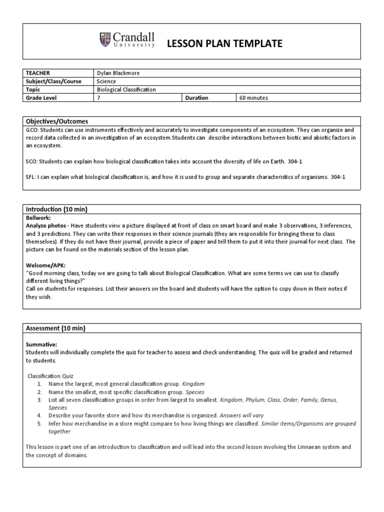 Biological Classification Lesson Plan | PDF | Taxonomy (Biology) | Life